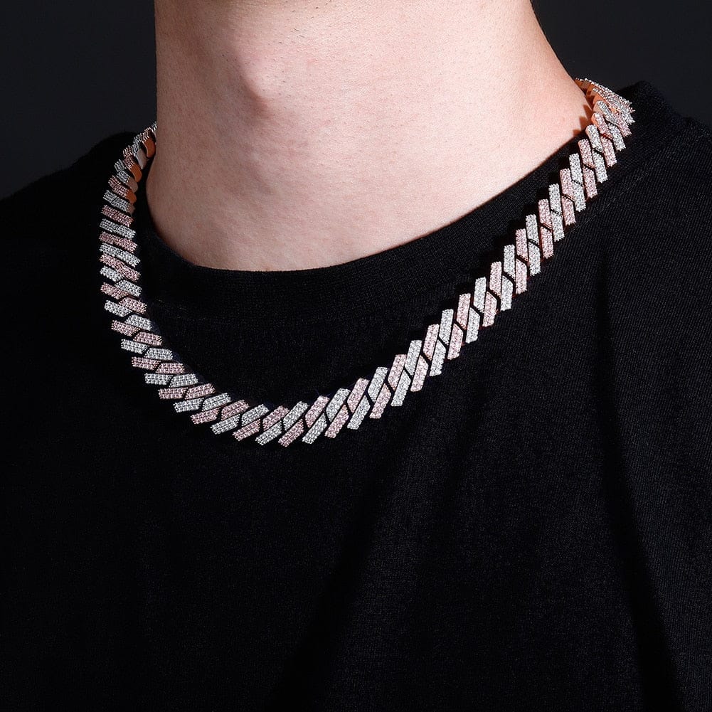 12mm Diamond Prong Cuban Chain Two Tone Rose Gold & Silver