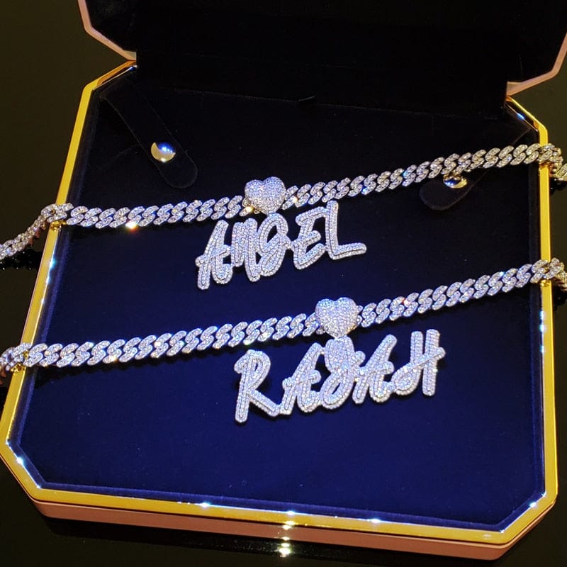 9MM Custom Heart Bail Brush Cursive Cuban Name Pendant Necklace