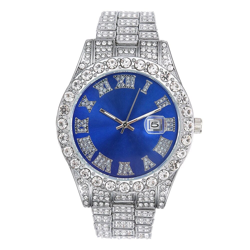 Fully Iced Out Silver Colored Dial Men's Classic Watch