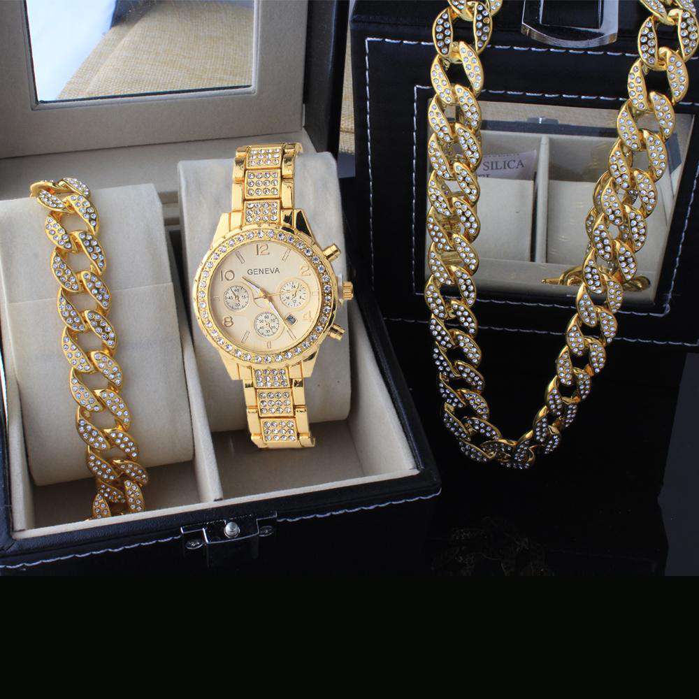 Gangsta Cuban Chain + Bracelet + Watch Set