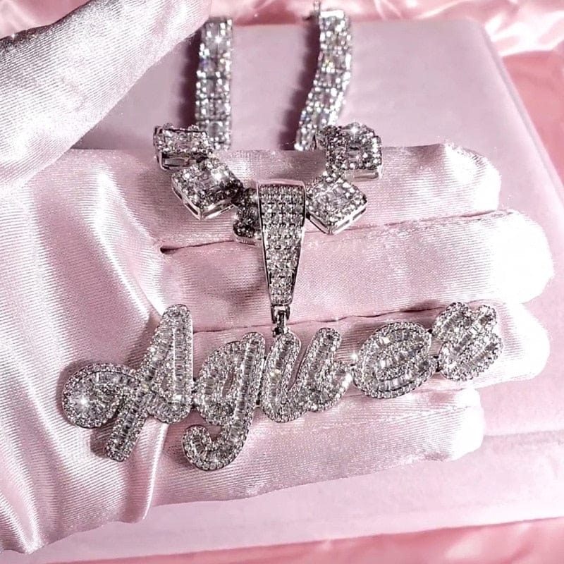 Custom Brush Script Name Pendant with FREE Baguette Tennis Chain – VVS ...
