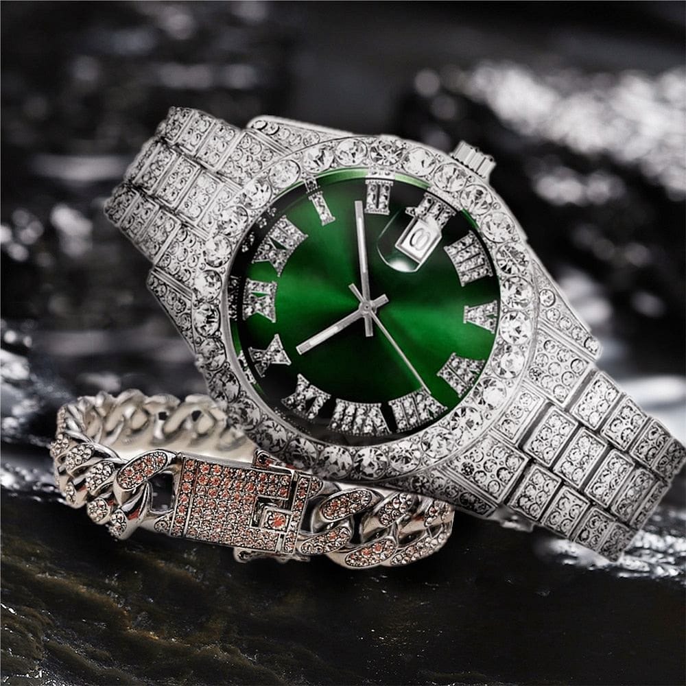 Fully Iced Bling Watch + Cuban Bracelet Bundle