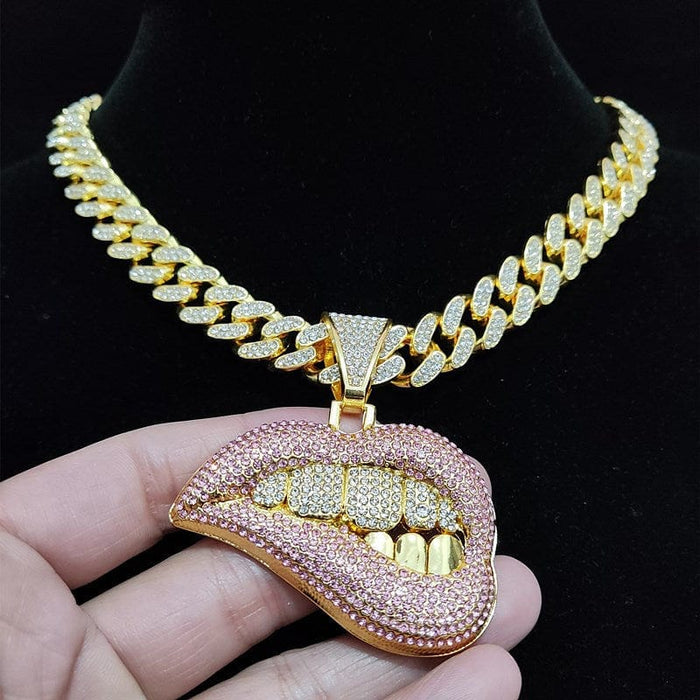 Fully Iced Out Pink Biting Lip Cuban Pendant Chain