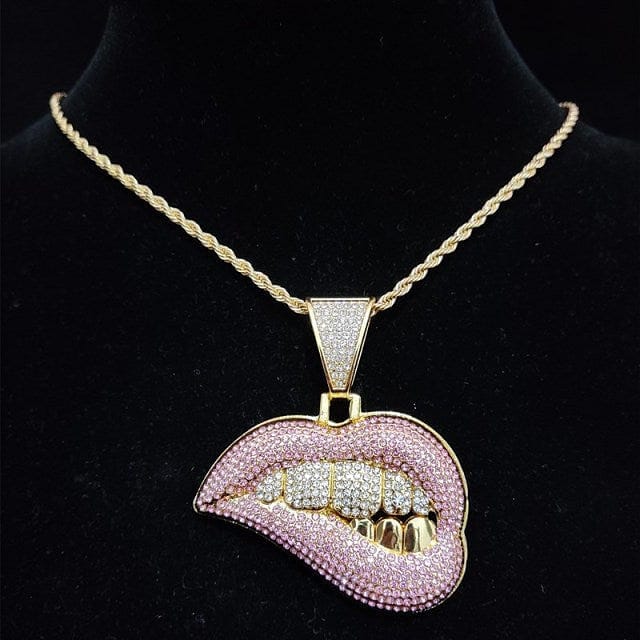 Fully Iced Out Pink Biting Lip Cuban Pendant Chain – VVS Jewelry