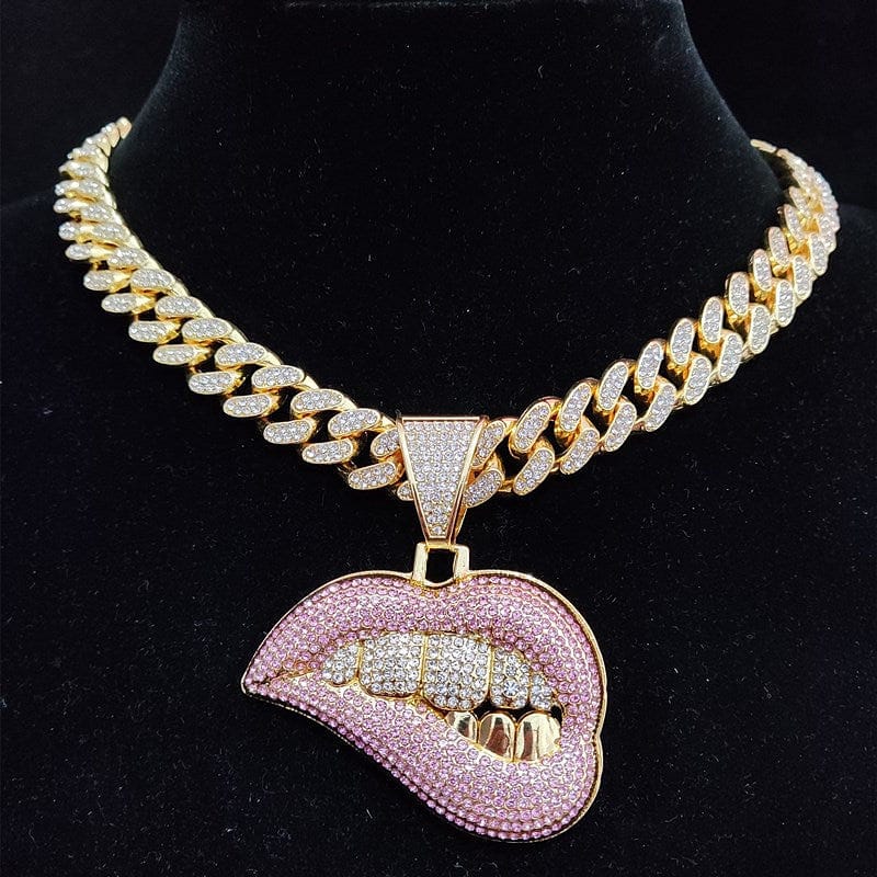 Fully Iced Out Pink Biting Lip Cuban Pendant Chain – VVS Jewelry