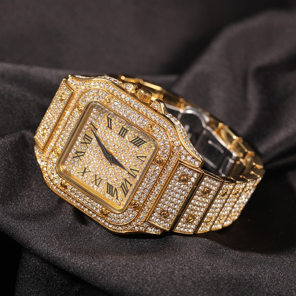 Fully Iced Square Stainless Steel Roman Watch - BOGO