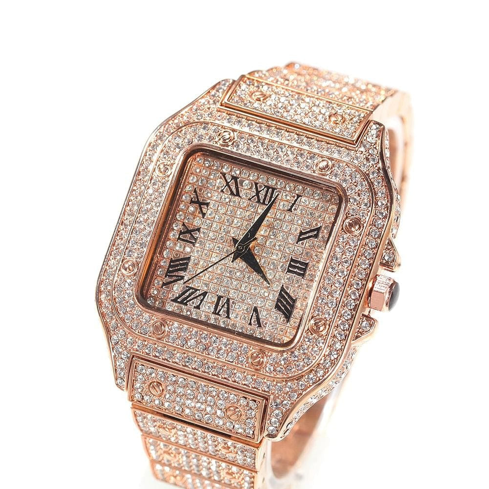 Fully Iced Square Stainless Steel Roman Watch - BOGO