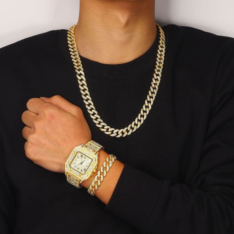 Iced out Cuban Chain & Cuban Bracelet Bundle + FREE Square Roman Watch