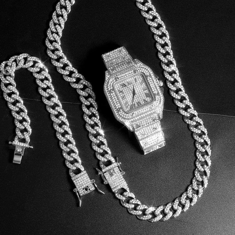Iced out Cuban Chain & Cuban Bracelet Bundle + FREE Square Roman Watch