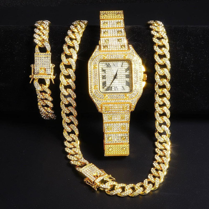 Iced out Cuban Chain & Cuban Bracelet Bundle + FREE Square Roman Watch