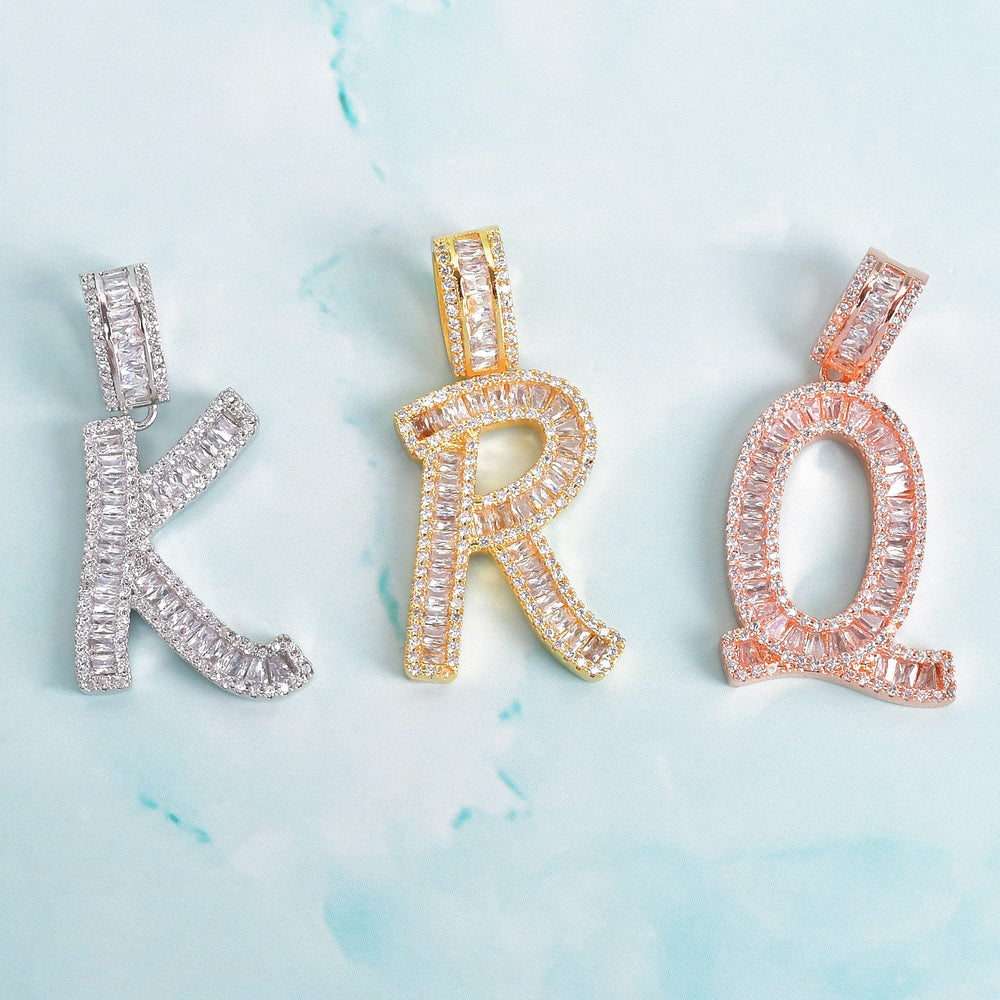 Initial Iced out Baguette Letter Pendant + FREE Chain