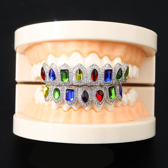 Multi Colored Stone Paved Iced Out Fangs Grillz