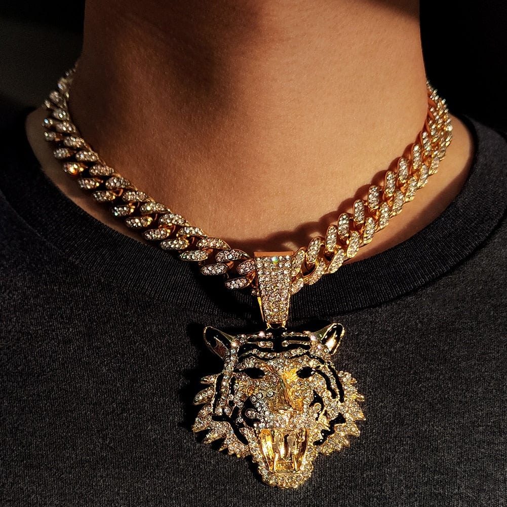 Bling Tiger Pendant Cuban Chain Necklace