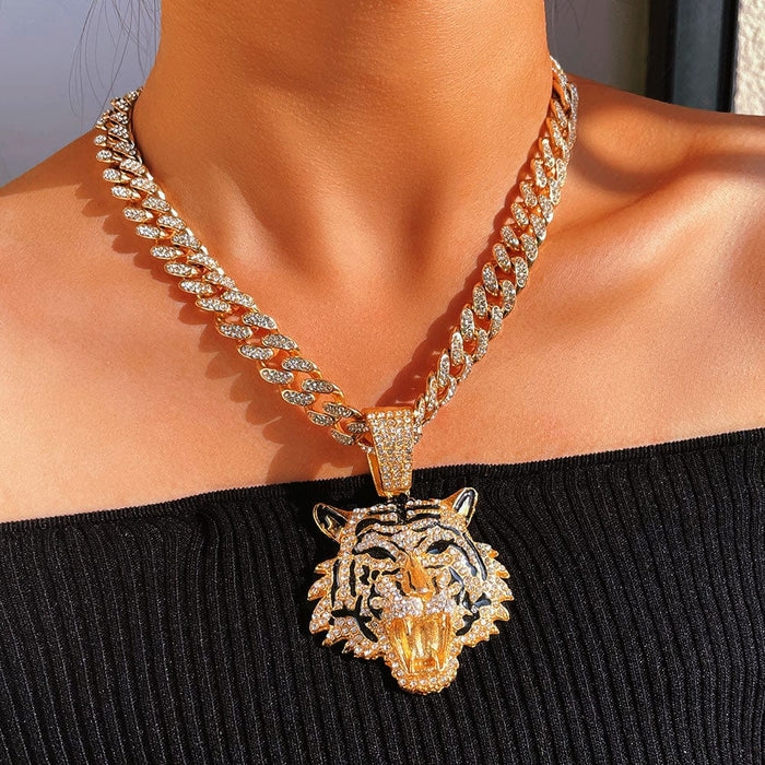 Bling Tiger Pendant Cuban Chain Necklace