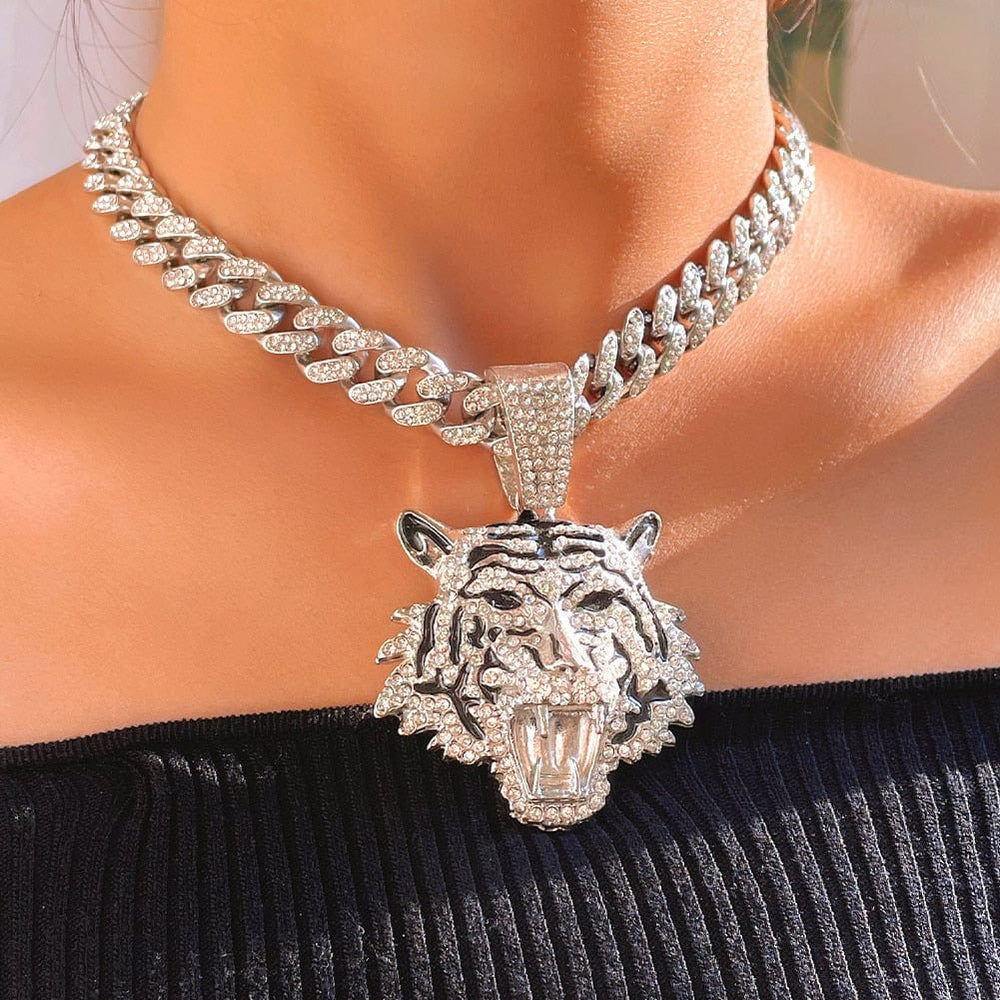 Bling Tiger Pendant Cuban Chain Necklace