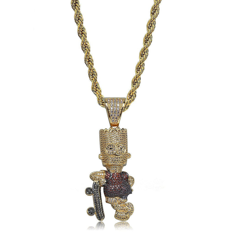VVS Jewelry Iced Out Bart Simpson Skateboard Pendant Chain