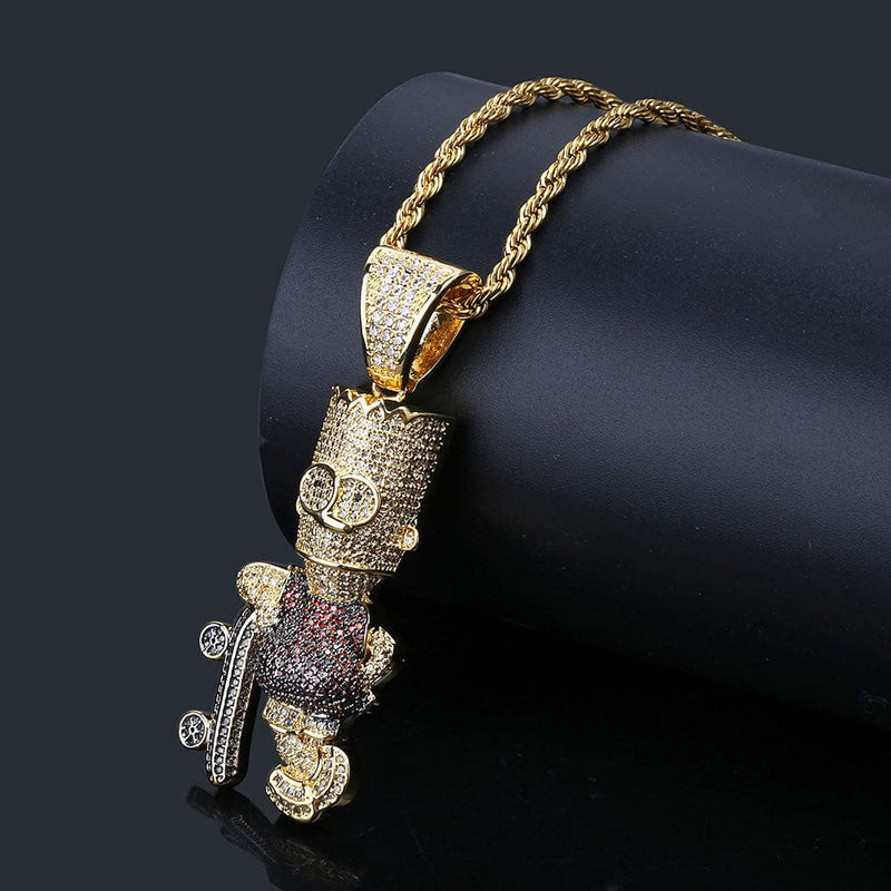 VVS Jewelry Iced Out Bart Simpson Skateboard Pendant Chain